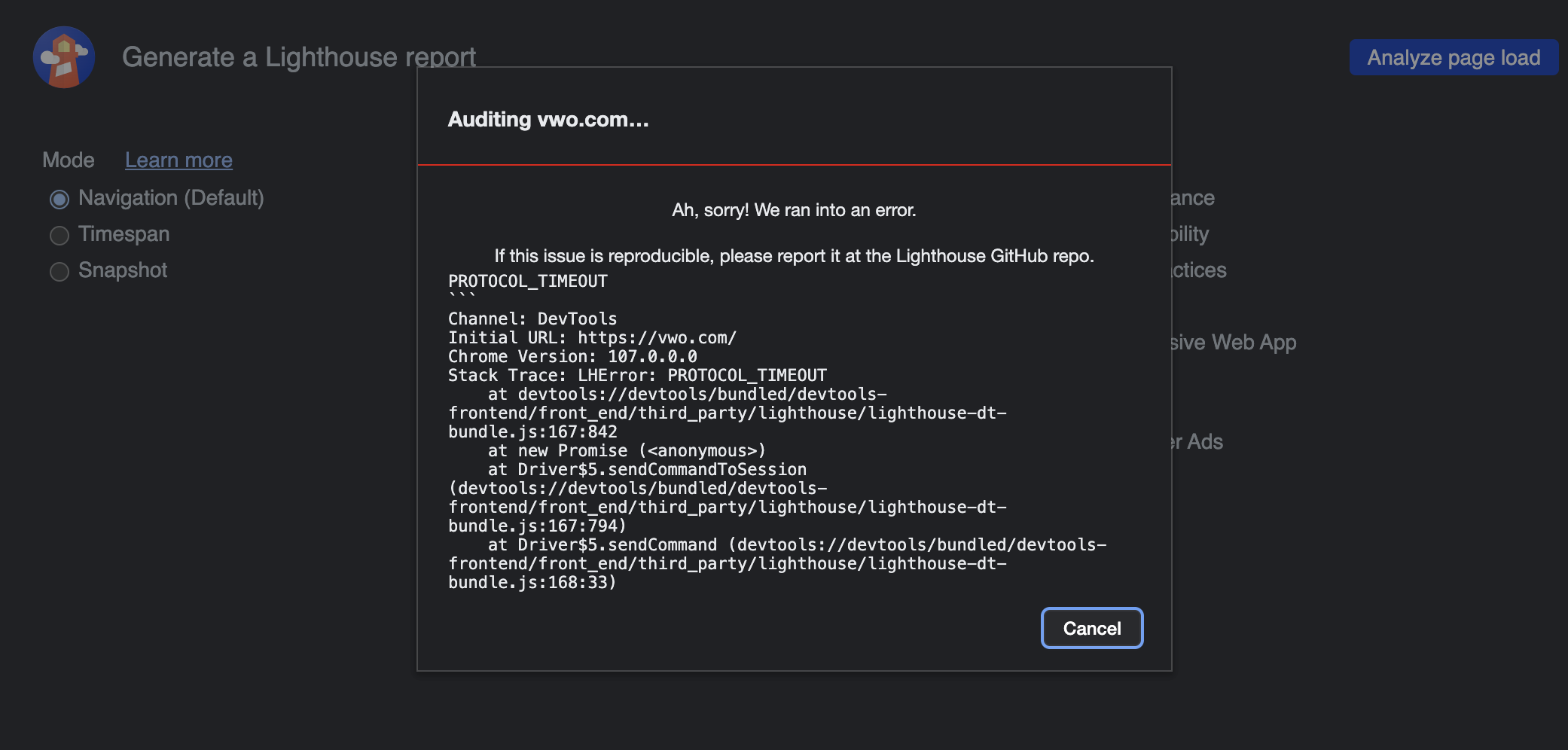Lighthouse Not Running And Giving Error On A Website In Chrome Canary Protocoltimeout · Issue