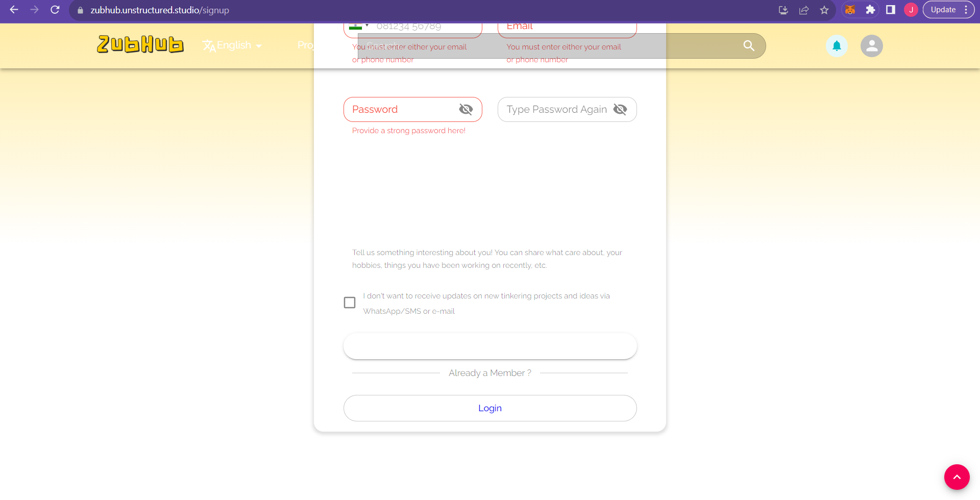 Signup Page Issues · Issue #755 · unstructuredstudio/zubhub · GitHub