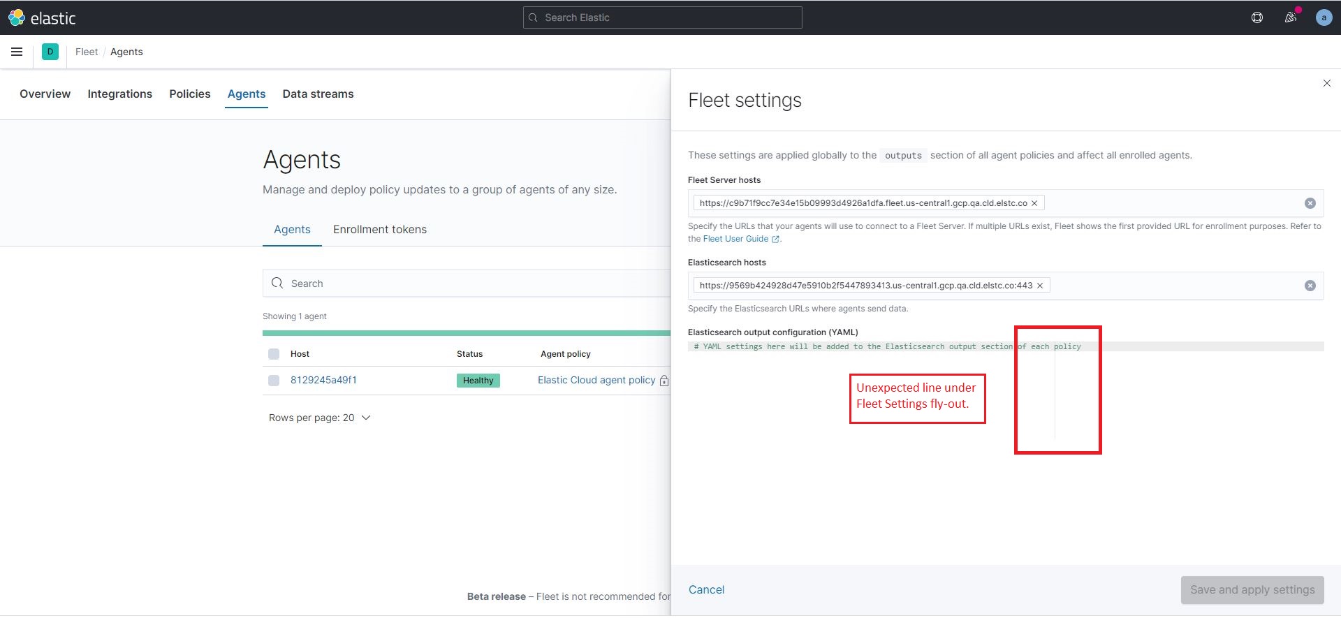Fleet Unexpected Line Under Fleet Settings Flyout At Elasticsearch Output Configuration Yaml