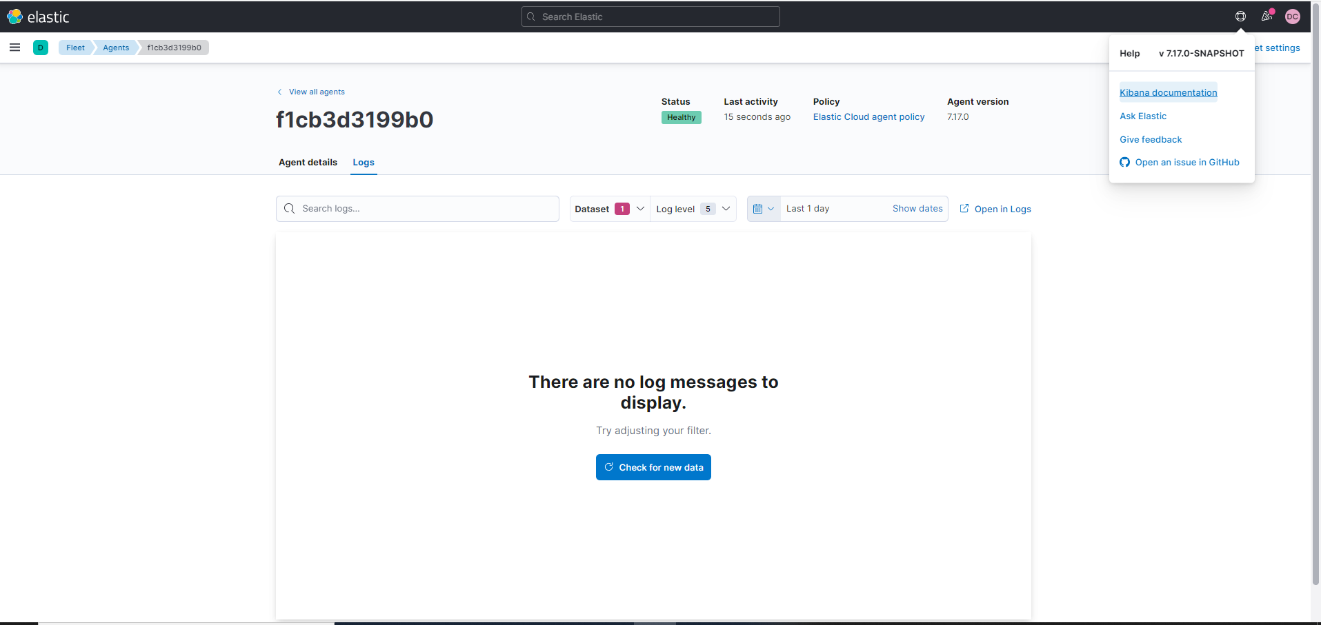 [Fleet]: `There are no logs to display` message is aligned to top on 8. ...