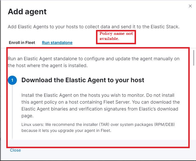 [Fleet]: Selected policy name not available under Agent policies>Add agent flyout>Run Standalone ...
