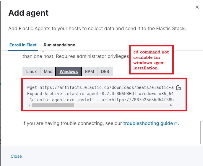 [Fleet]: `cd` command not available for Windows agent installation under Add Agent flyout ...