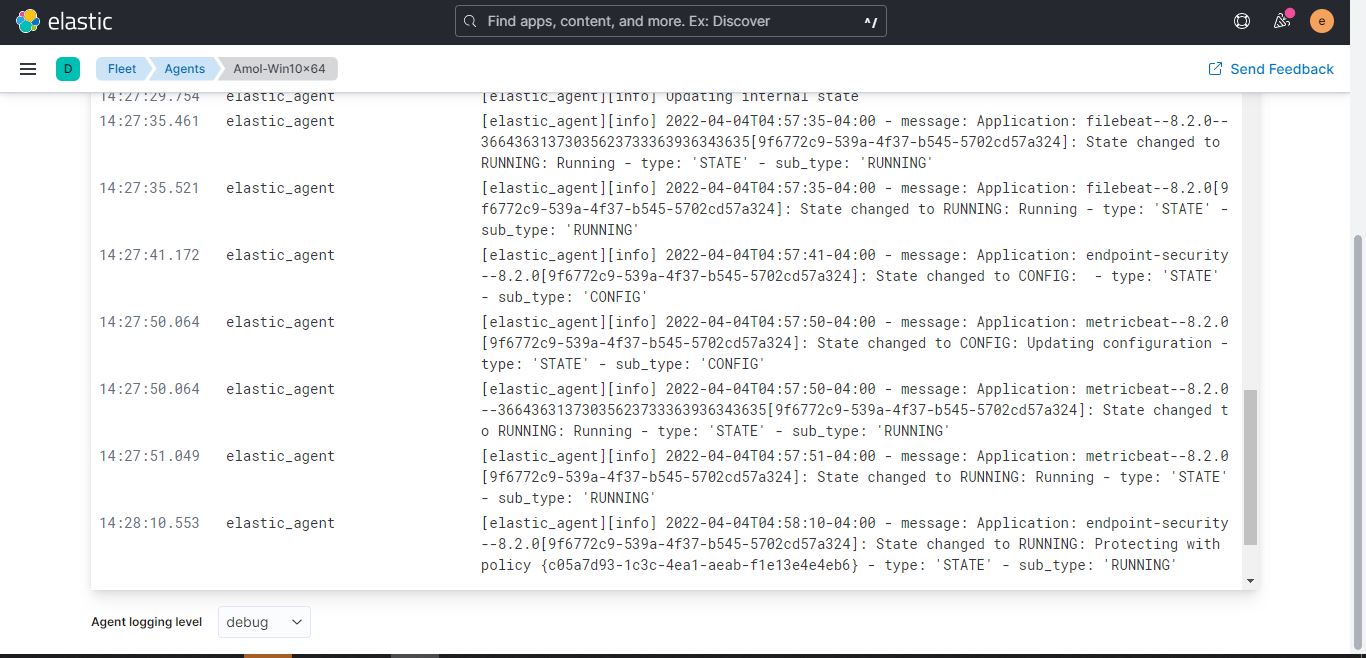 [Elastic-Agent]: No debug level logs generated under logs tab on ...