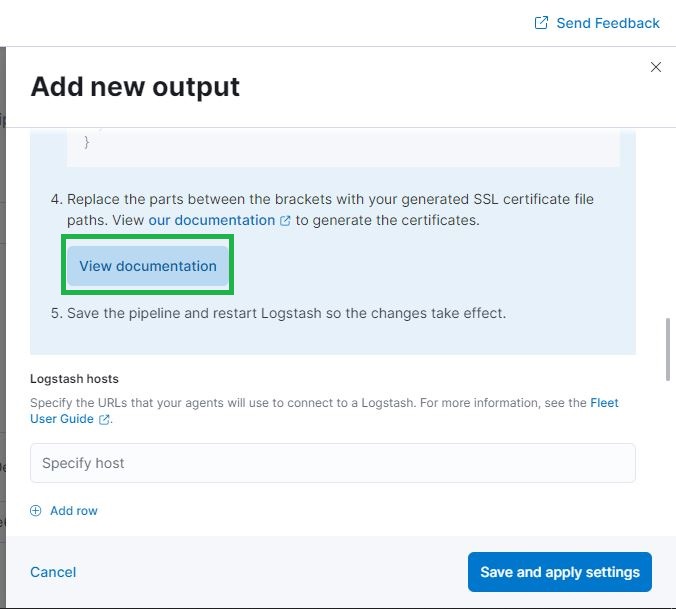 [Fleet]: Wrong spelling for View Documentation button under Add Output>Logstash>View ...