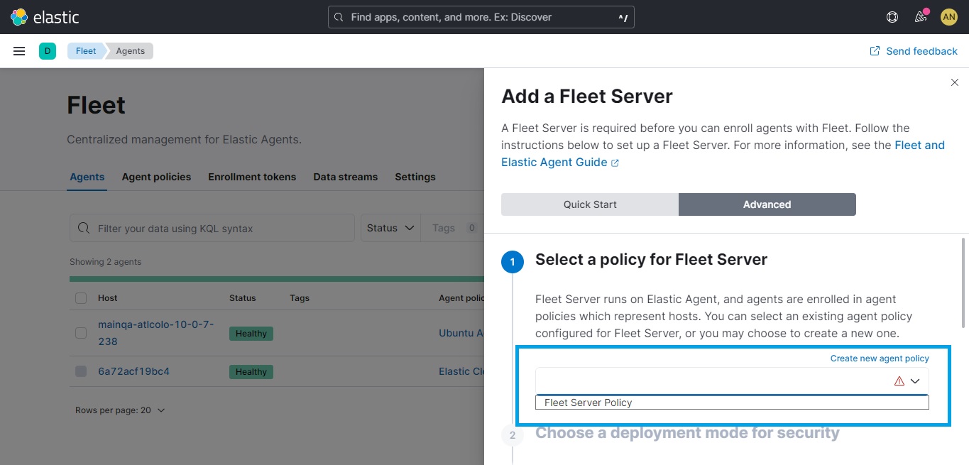 [Fleet]: Fleet Server policy is not auto-selected under Add Fleet Server flyout>Advanced, when ...
