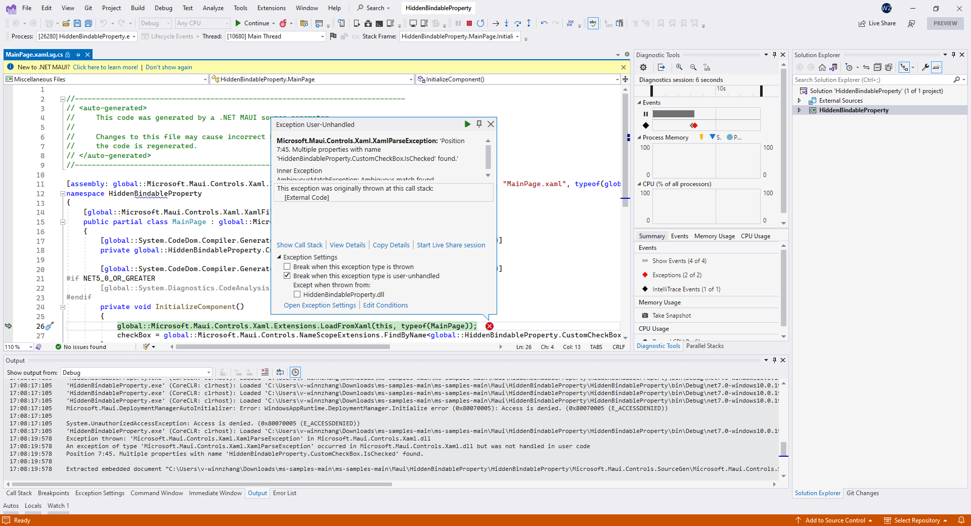 AmbiguousMatchException when BindableProperty is hidden in a derived class and is then set in ...