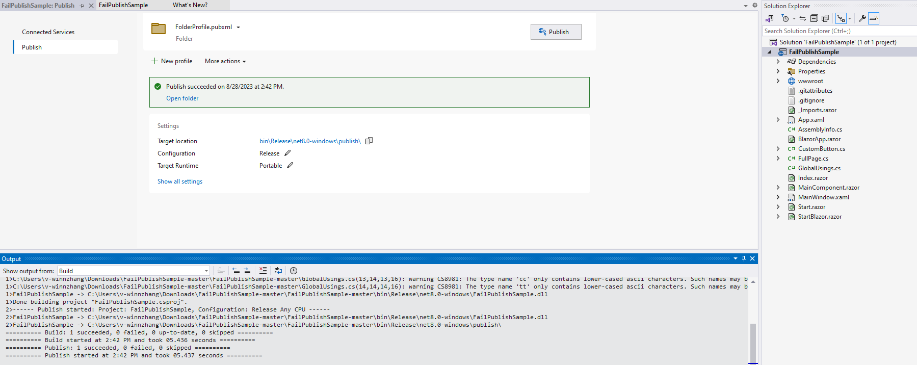 Unable to publish WPF Blazor app if I have a razor class with code behind and override ...