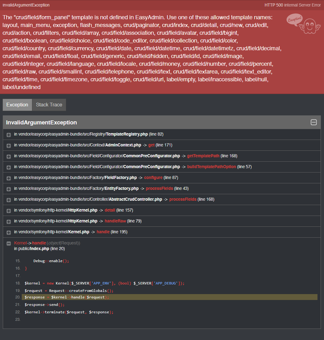 Cannot use FormField::addPanel() · Issue #4234 · EasyCorp/EasyAdminBundle · GitHub