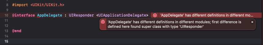 bug: [iOS]'AppDelegate' has different definitions in different modules, build issue on ...