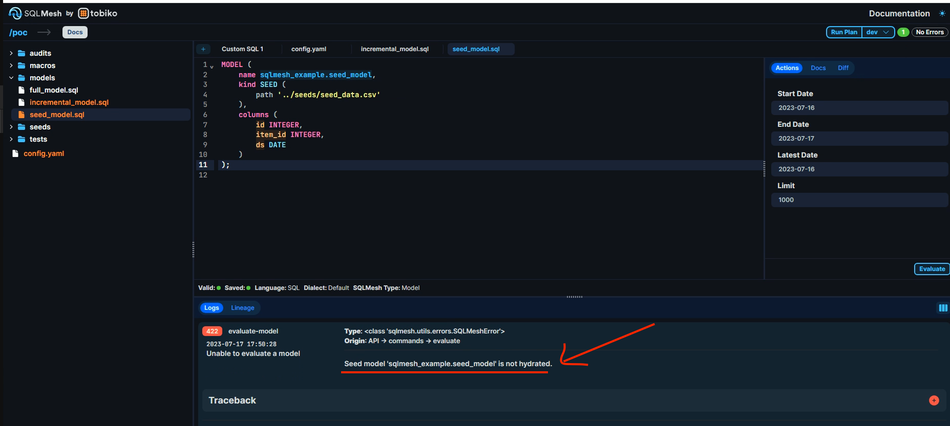 Evaluation of a seed model causes the "model not hydrated" error · Issue #1167 · TobikoData ...