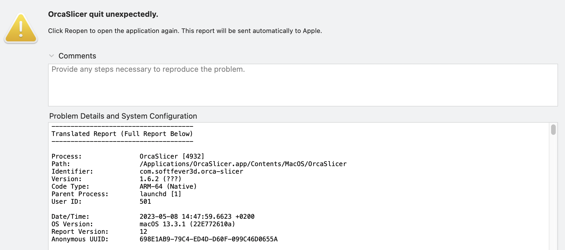 Orca does not start anymore (Mac OS ARM) · Issue #1000 · SoftFever/OrcaSlicer · GitHub