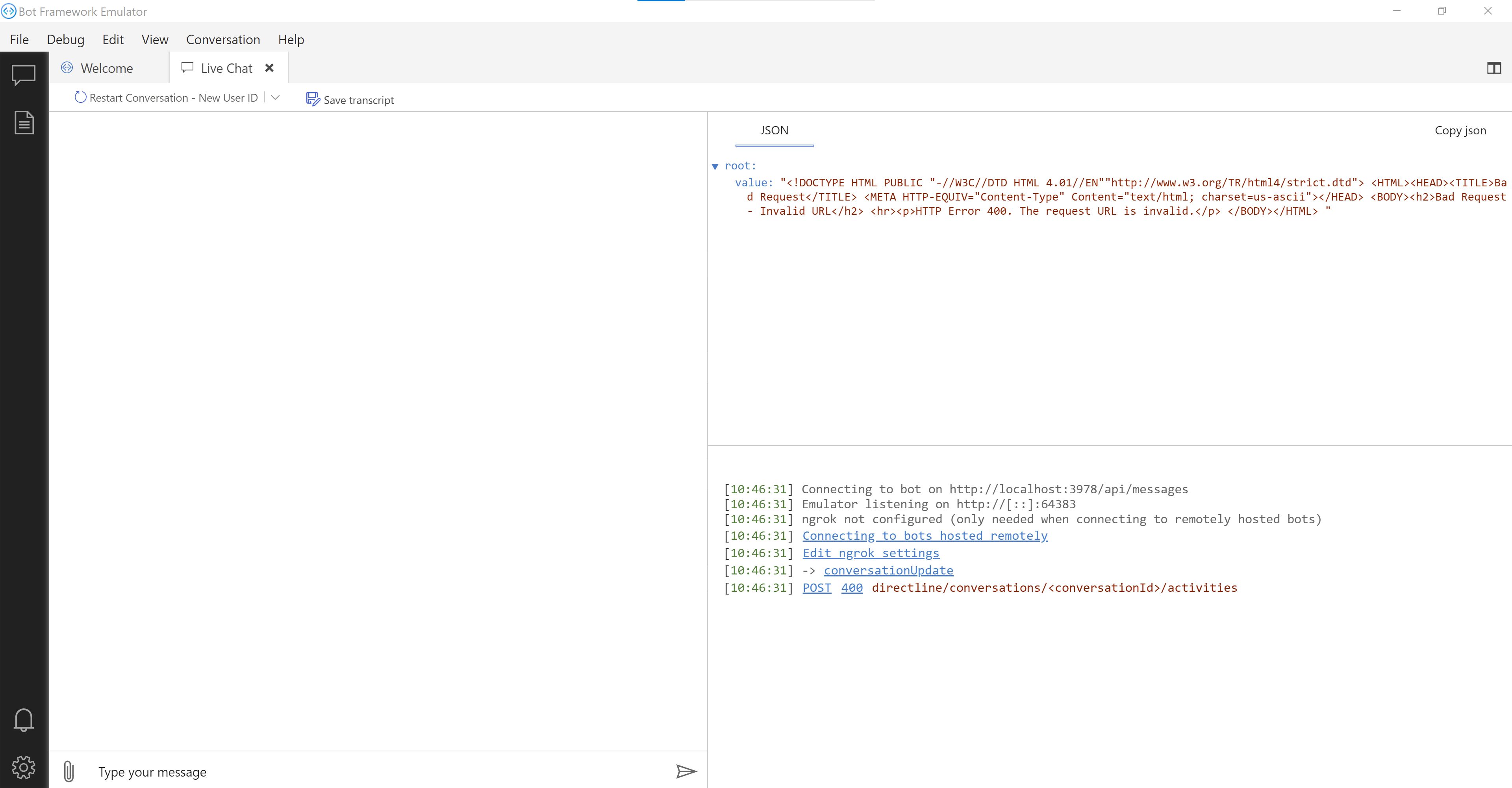 POST 400 directline/conversations//activities · Issue #2392 · microsoft/BotFramework-Emulator ...