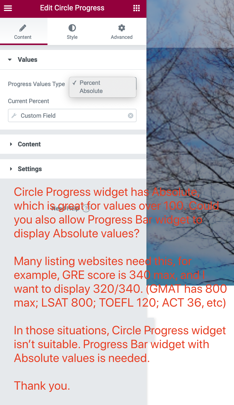 Progress Bar Widget Needs Absolute Option Which Is Already Offered In Circle Progress Widget