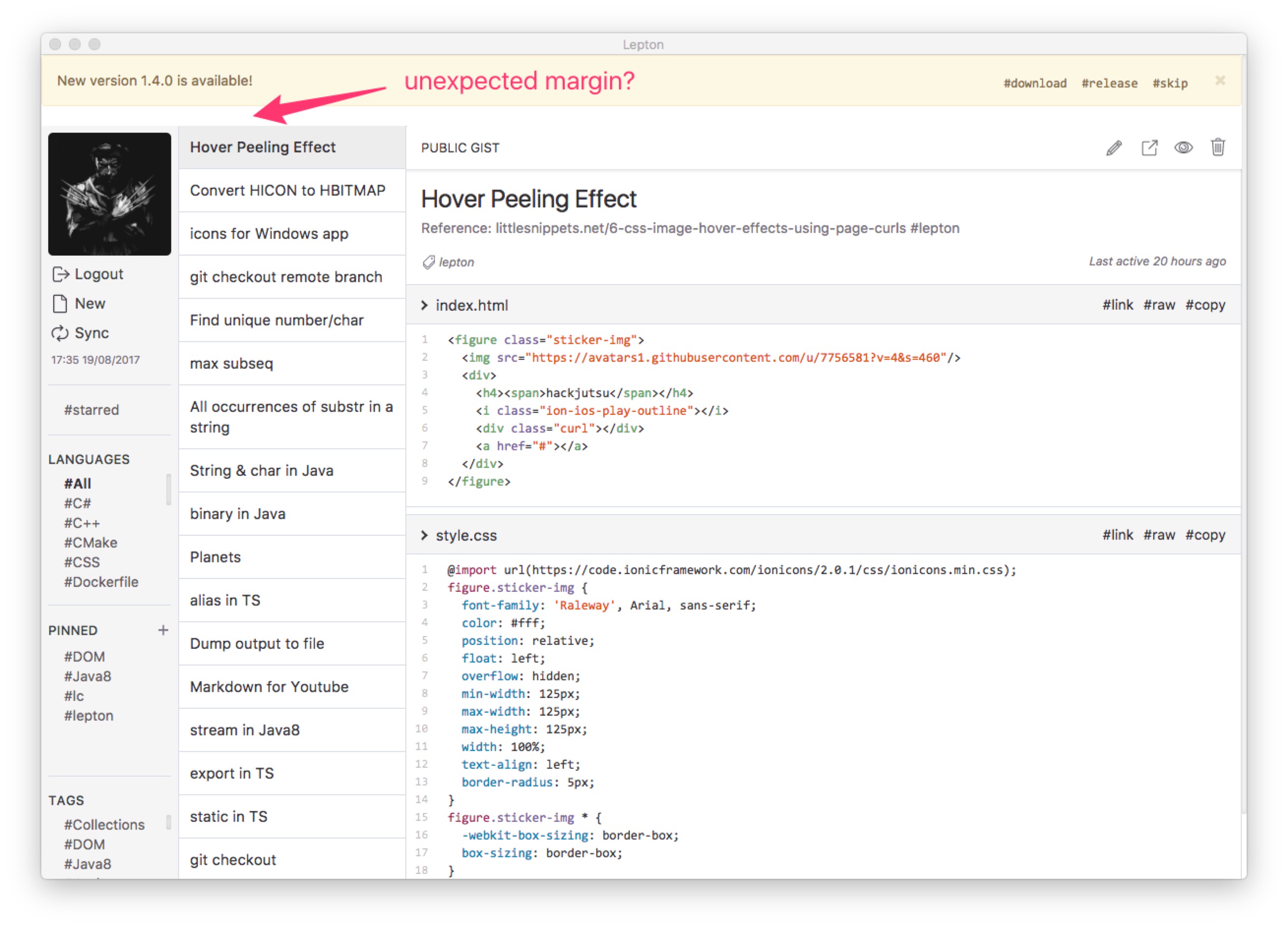 Unexpected margin below the update notice · Issue #191 · hackjutsu/Lepton · GitHub