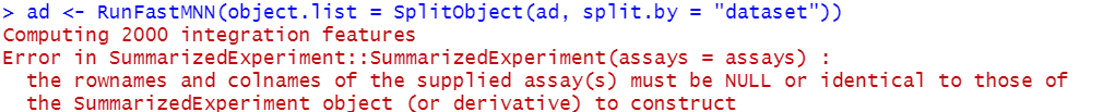 Error in SummarizedExperiment::SummarizedExperiment(assays = assays) : the rownames and colnames ...