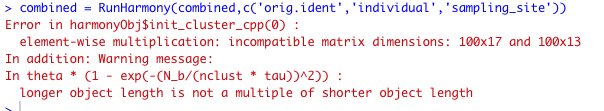 Error in harmonyObj$init_cluster_cpp(0) : element-wise multiplication: incompatible matrix ...