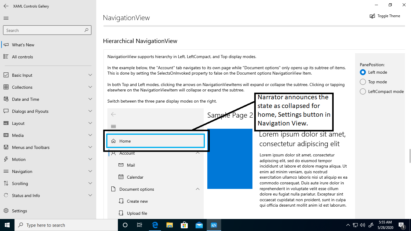 XAML Controls Gallery : Narrator announces the state as collapsed for home, Settings button in ...