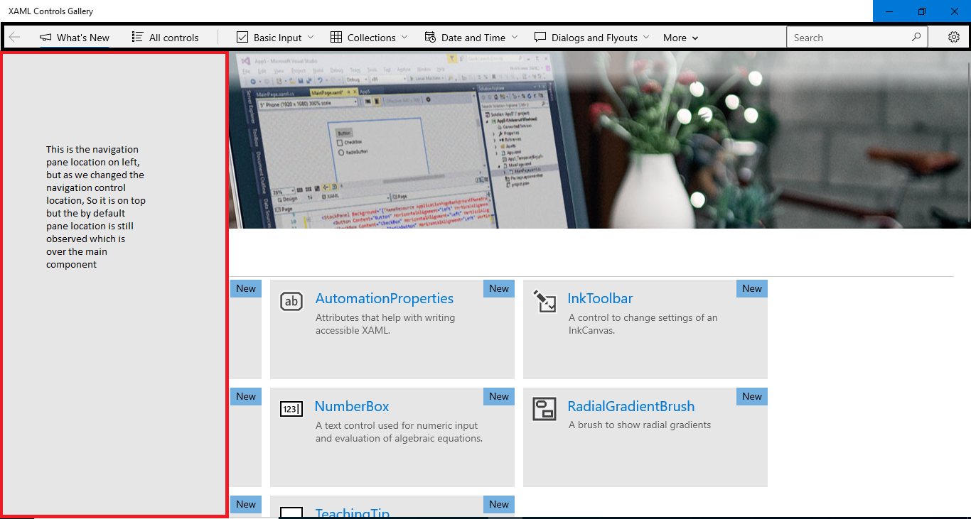 XAML Controls Gallery : Whole main landmark is overlapped by left empty navigation pane · Issue ...