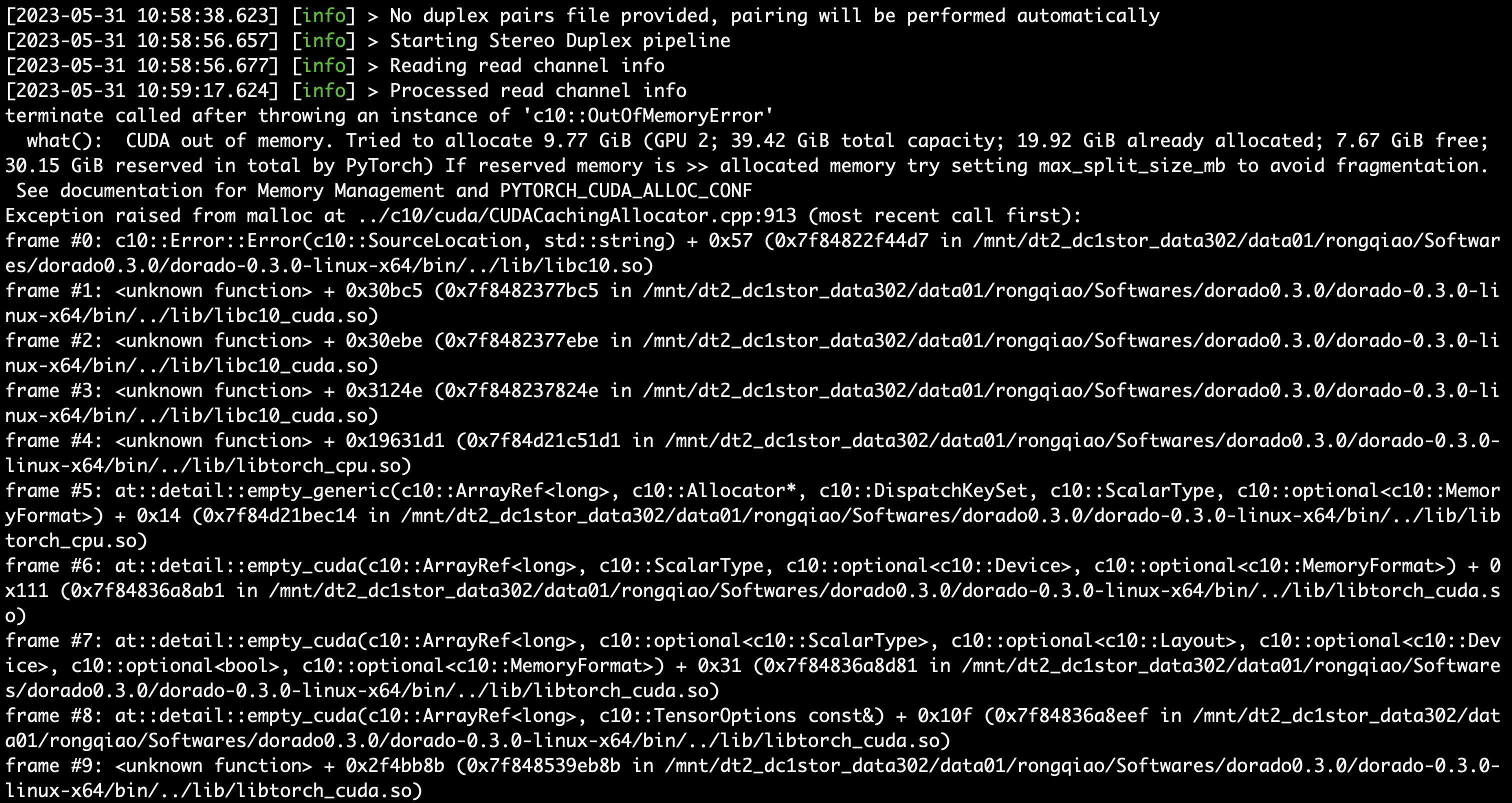 core dumped using dorado duplex for version 0.3.0 · Issue #212 · nanoporetech/dorado · GitHub