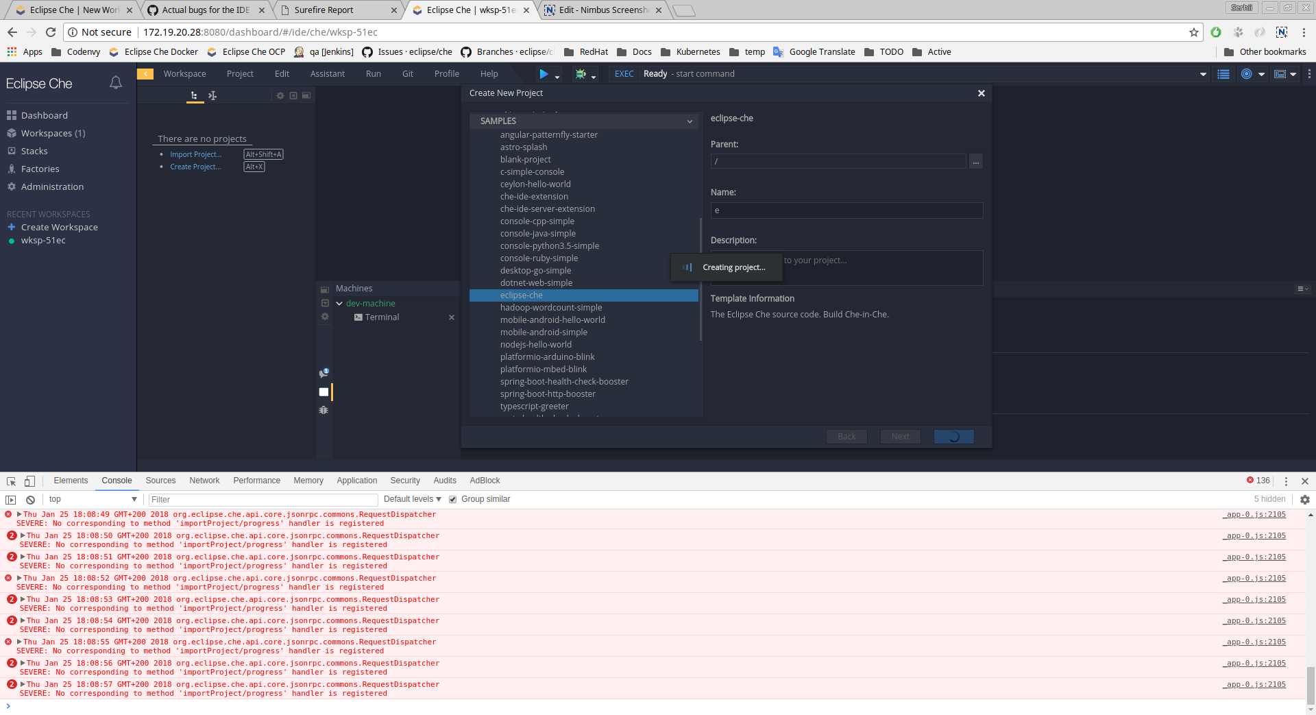 Errors In The Browser Console When Importing The Eclipse Che Project