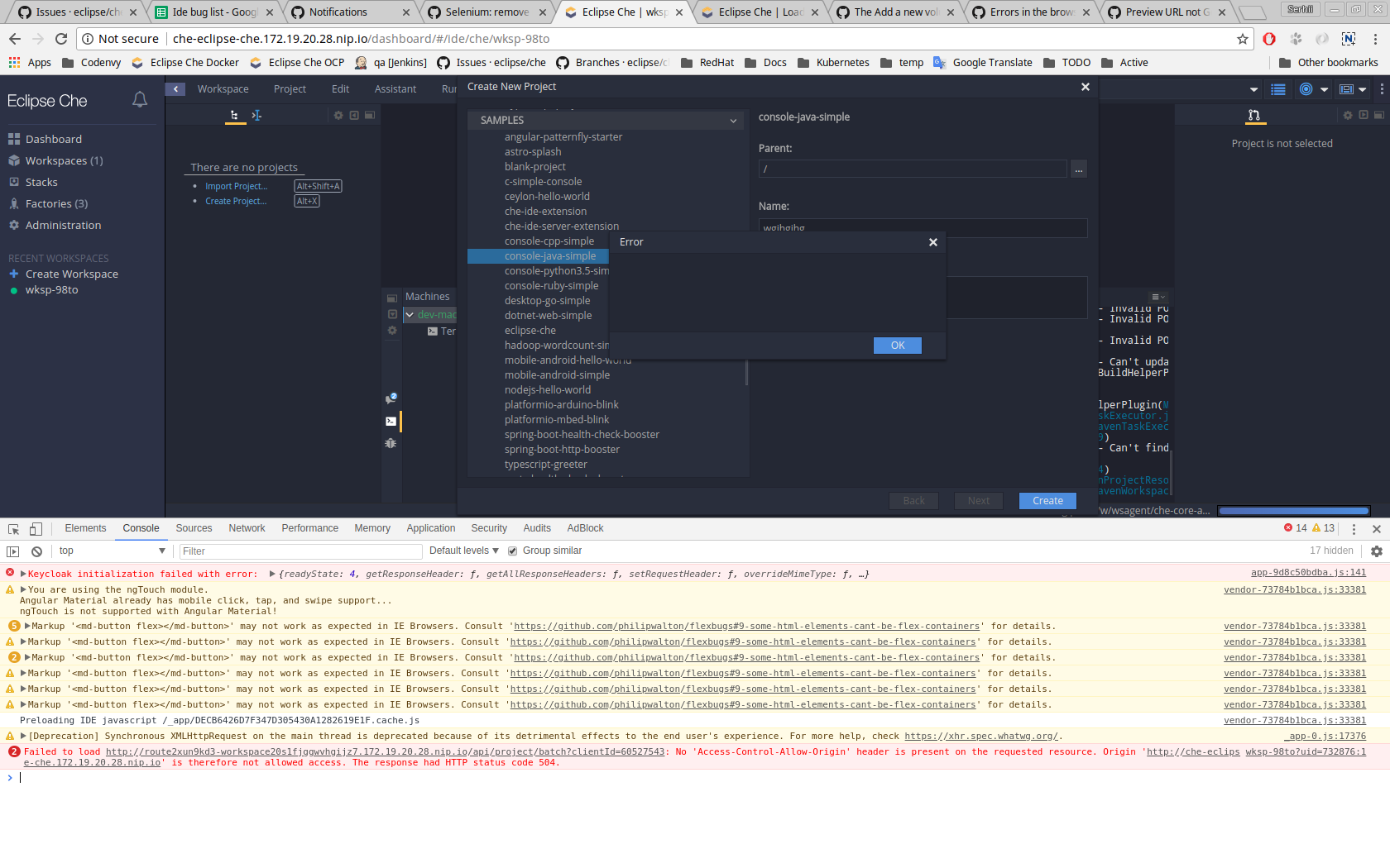 Errors In The Browser Console When Importing The Eclipse Che Project · Issue 8459 · Eclipse Che