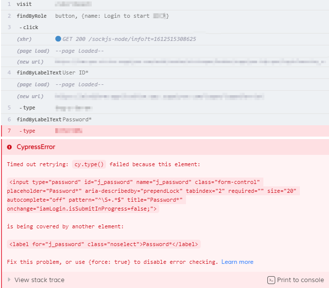 Timed out retrying: cy.type() failed because this element: *input* is being covered by another ...