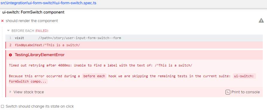 Timed out retrying after 4000ms: Unable to find a label with the text ...