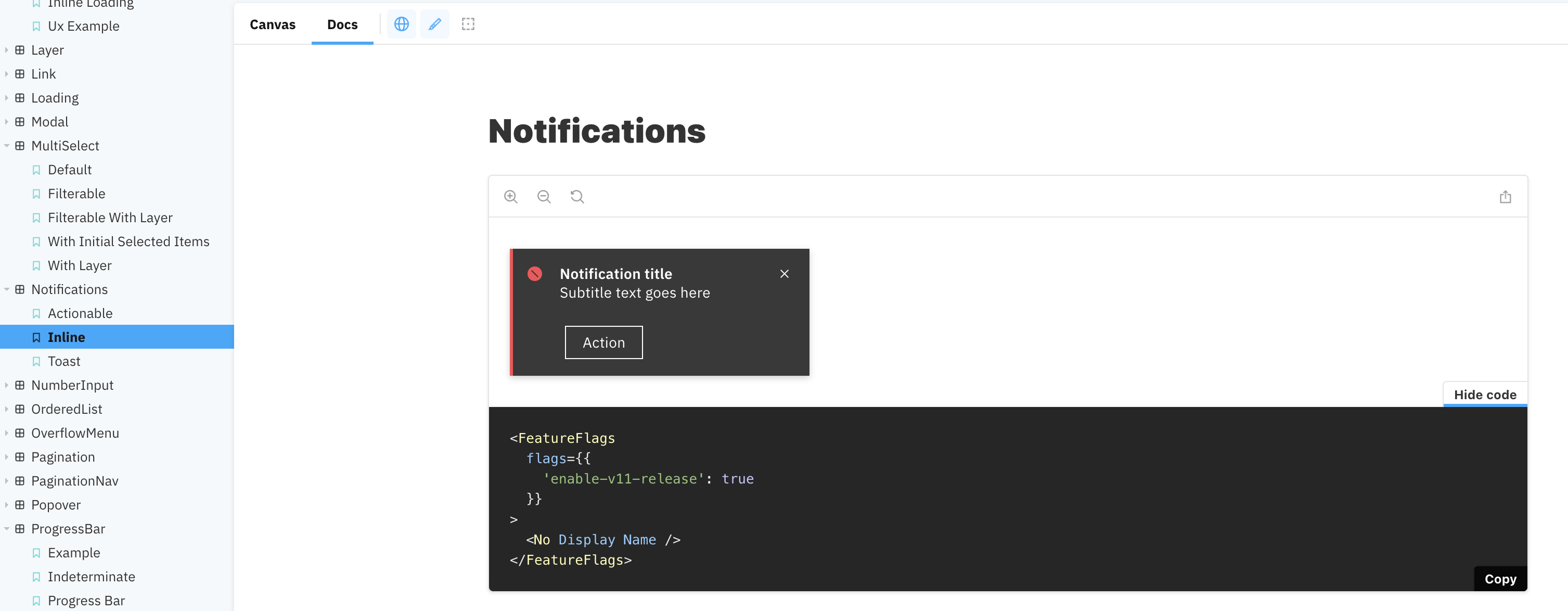 [Bug]: "Show Code" button for Notifications component does not actually ...