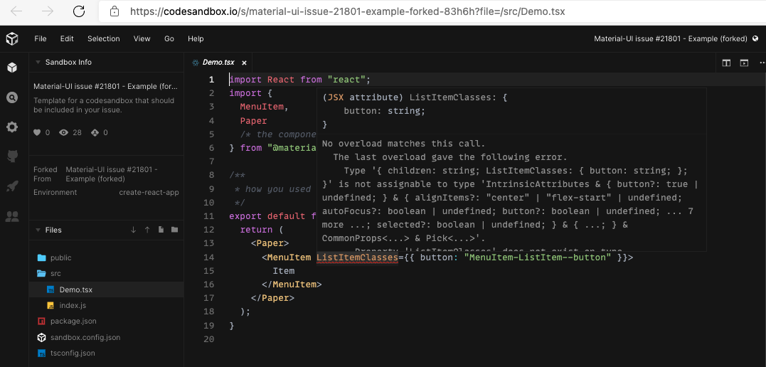 Use of ListItemClasses prop on MenuItem component leads to typescript compilation crash. (No ...