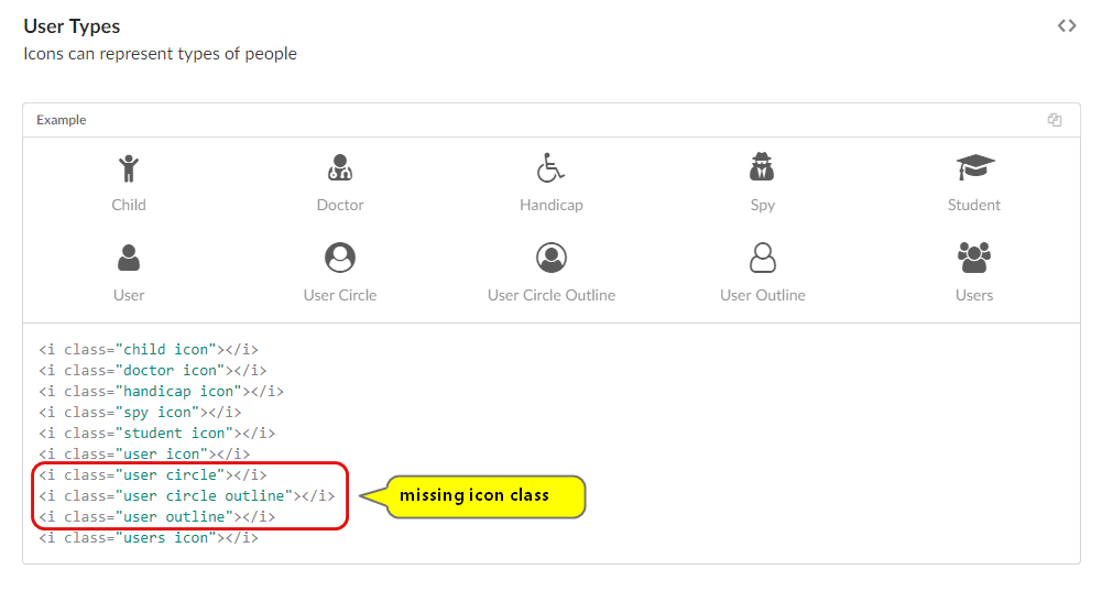 [Docs] User Types Icons code missing "icon" class · Issue #5776 · Semantic-Org/Semantic-UI · GitHub