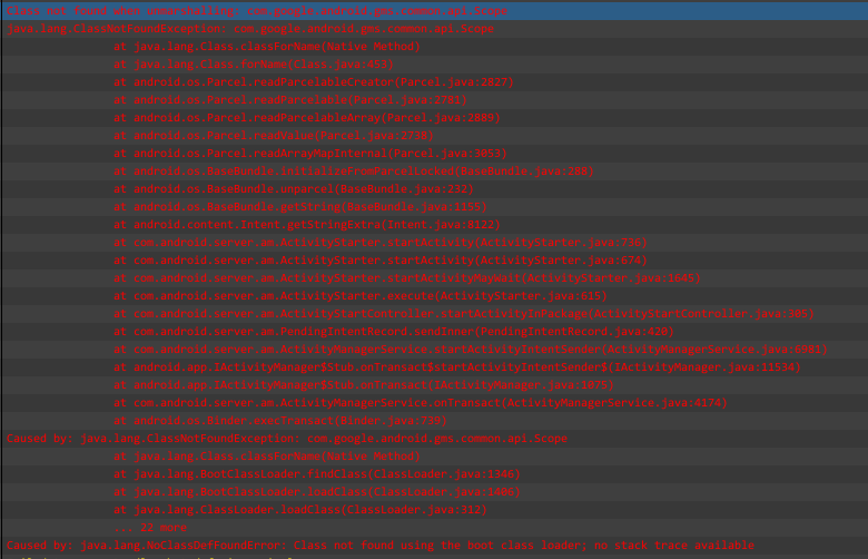 Get stuck while sign in (Class not found when unmarshalling: com.google.android.gms.auth.api ...