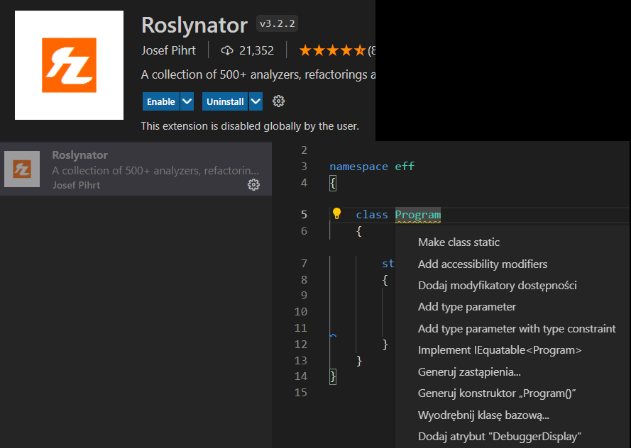After changing Display Language to `en`, the refactor options still do appear in non-english ...