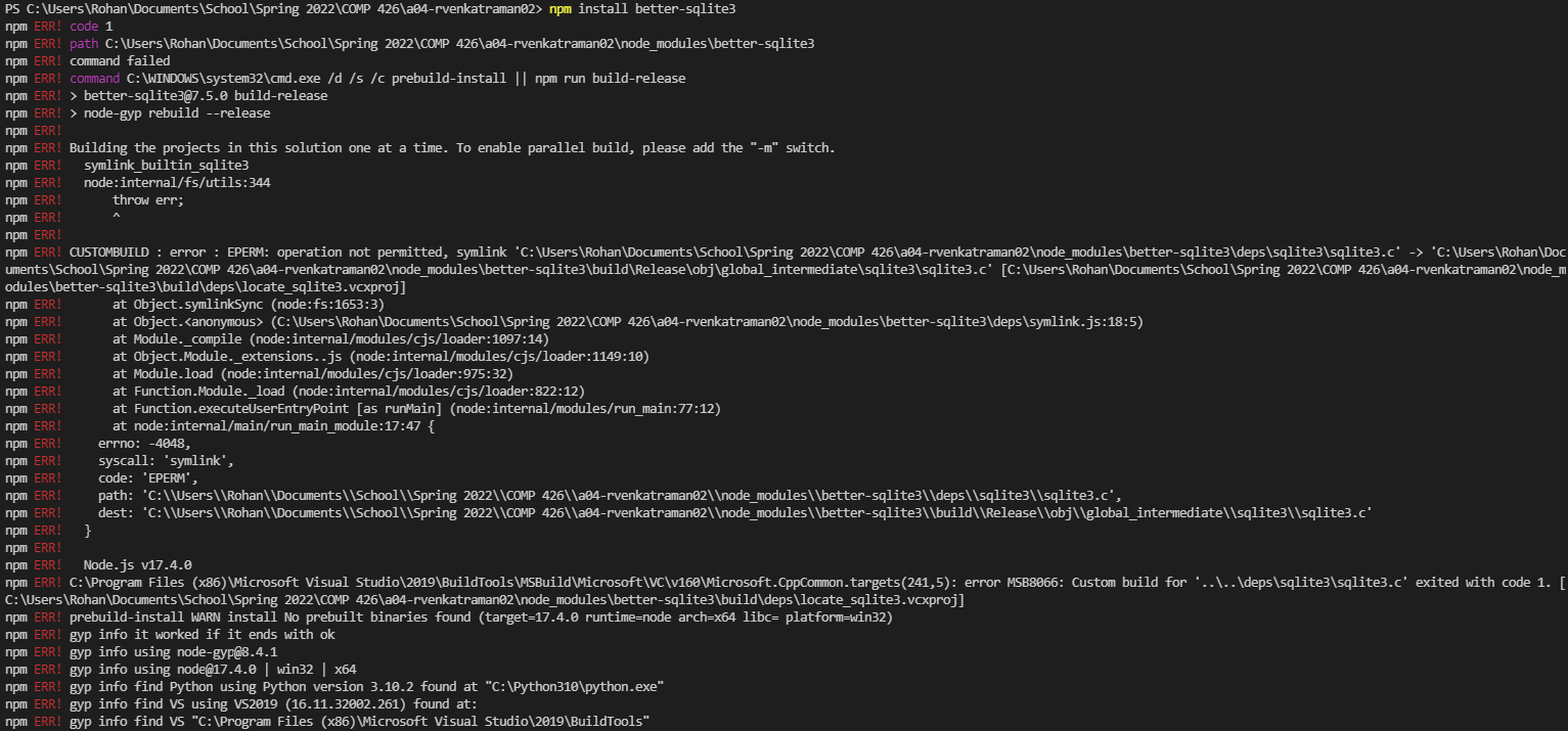 Unable to install better-sqlite3 · Issue #4 · comp426-2022-spring/a04 · GitHub