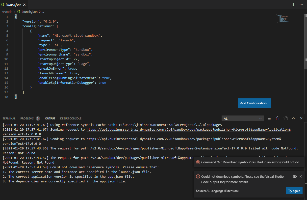 Could not download symbols. Please see the Visual Studio Code output log for more details ...