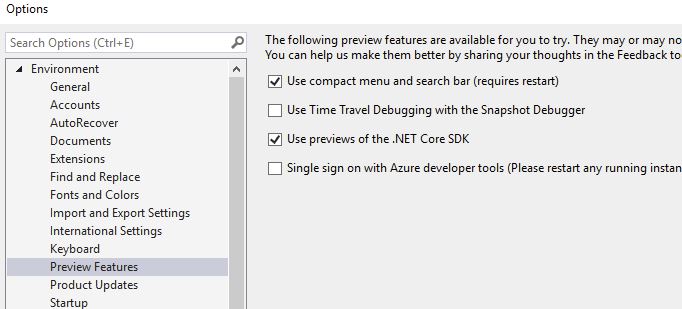 No "User preview versions" checkbox in "projects and solutions" options ...
