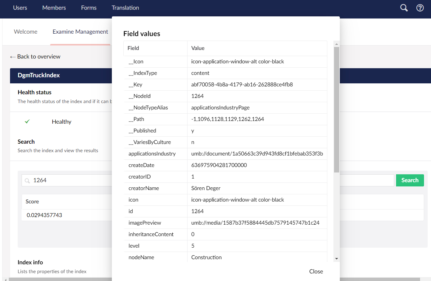 If Grid Module contains object in value, then Grid Layout property is not in Examine Index ...