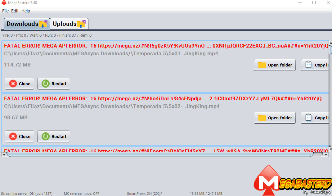 Fatal Error! Mega API Error: -16 · Issue #313 · tonikelope/megabasterd · GitHub