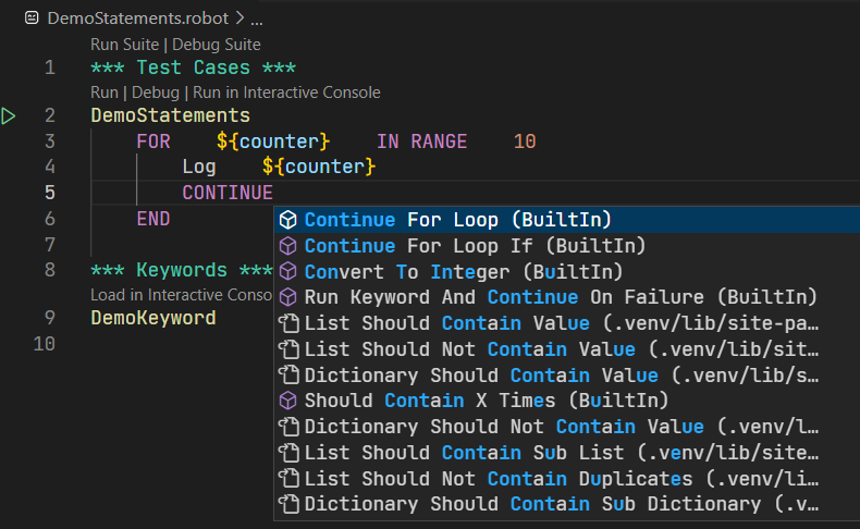 Missing autocompletion for `BREAK`, `CONTINUE` and `RETURN` statements · Issue #856 · robocorp ...