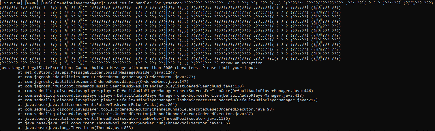 [Bug Report] Search breaks with long input · Issue #1271 · jagrosh/MusicBot · GitHub