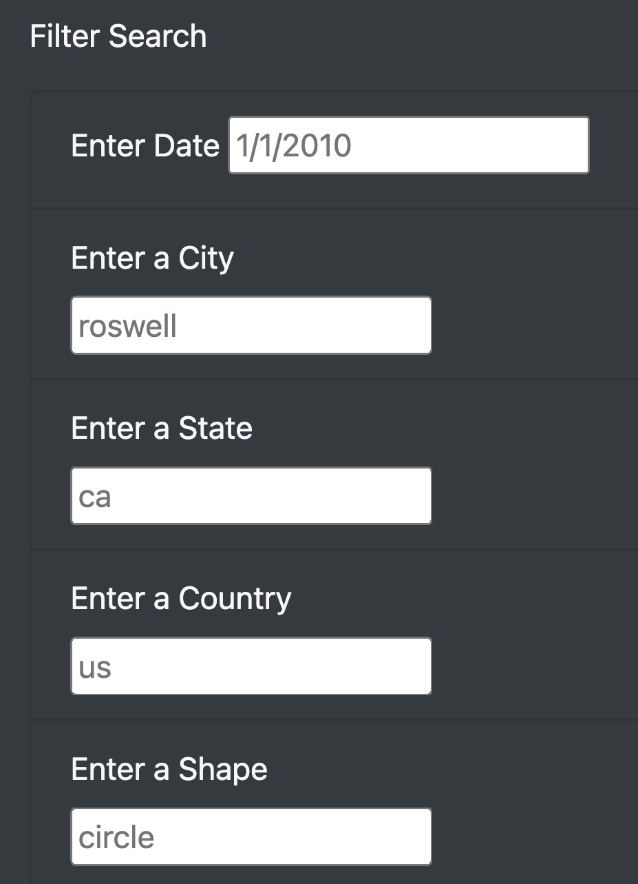 GitHub - DaniellaMuhire/UFOs: Built a table using data stored in a JavaScript array, and then ...
