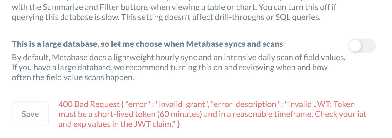 JWT Token 400 error when creating a new BigQuery database with service account · Issue #13228 ...
