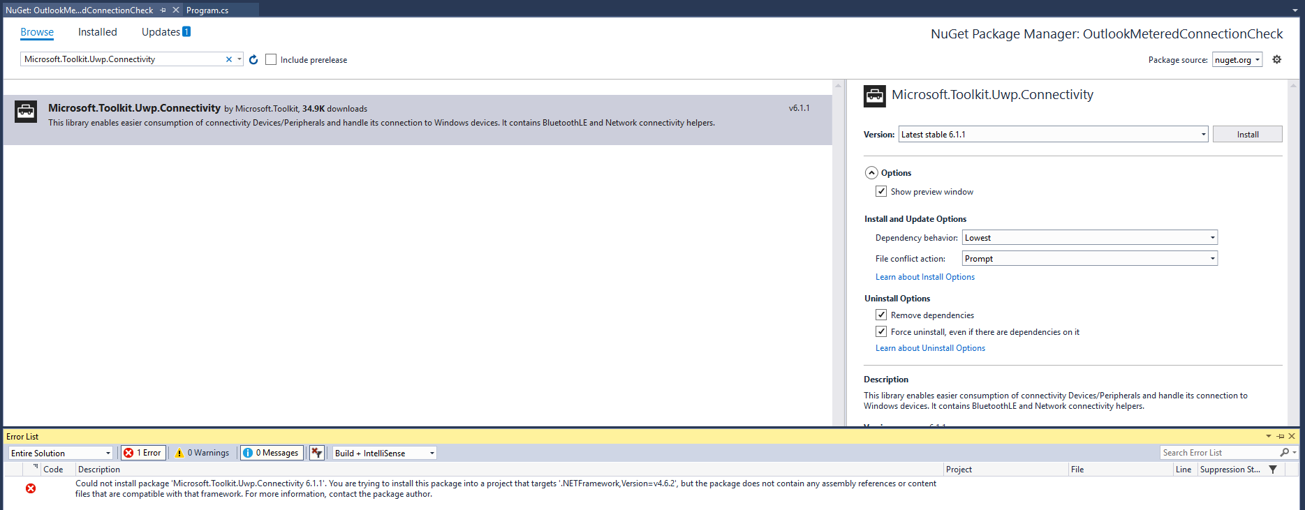 Unable to install Microsoft.Toolkit.Uwp.Connectivity package in any of the .NET Framework ...