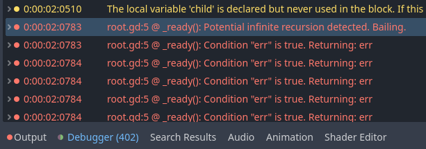 Potential infinite recursion detected while setting a breakpoint after instantiating a scene ...
