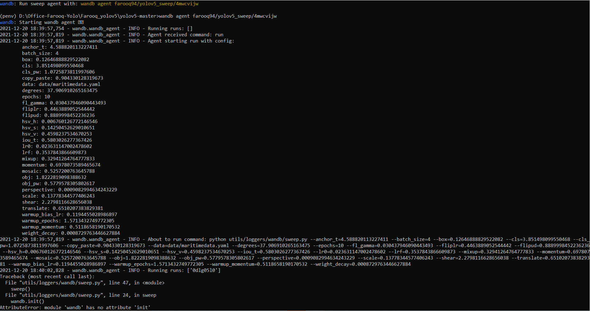 AttributeError: module 'wandb' has no attribute 'init' while trying to run sweep on yolov5 from ...