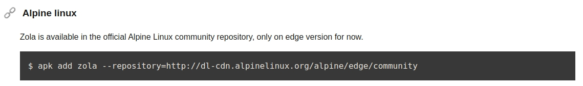 Missing Alpine linux in the distribution list · Issue #1295 · getzola/zola · GitHub