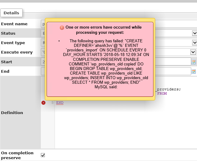 Event Edit View no error reason given · Issue #14324 · phpmyadmin/phpmyadmin · GitHub