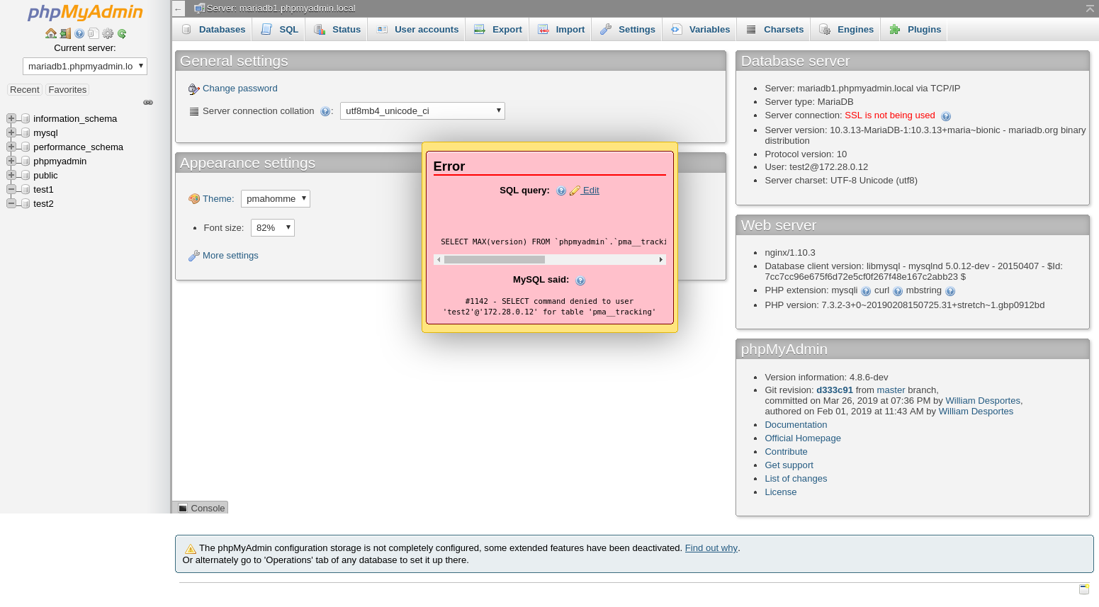 phpMyAdmin unusable with user having WITH GRANT OPTION privileges and an existing Configuration ...