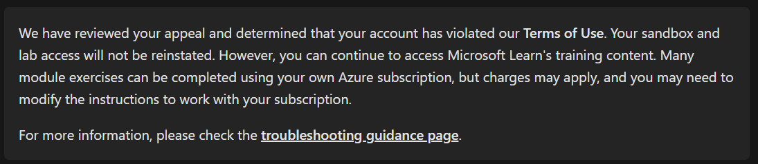 MS Learn Sandbox - Unauthorized Sandbox use detected. Your sandbox has been terminated. · Issue ...