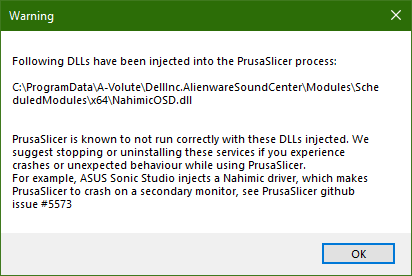 Add option to disable DLL injection warnings · Issue #10935 · prusa3d/PrusaSlicer · GitHub