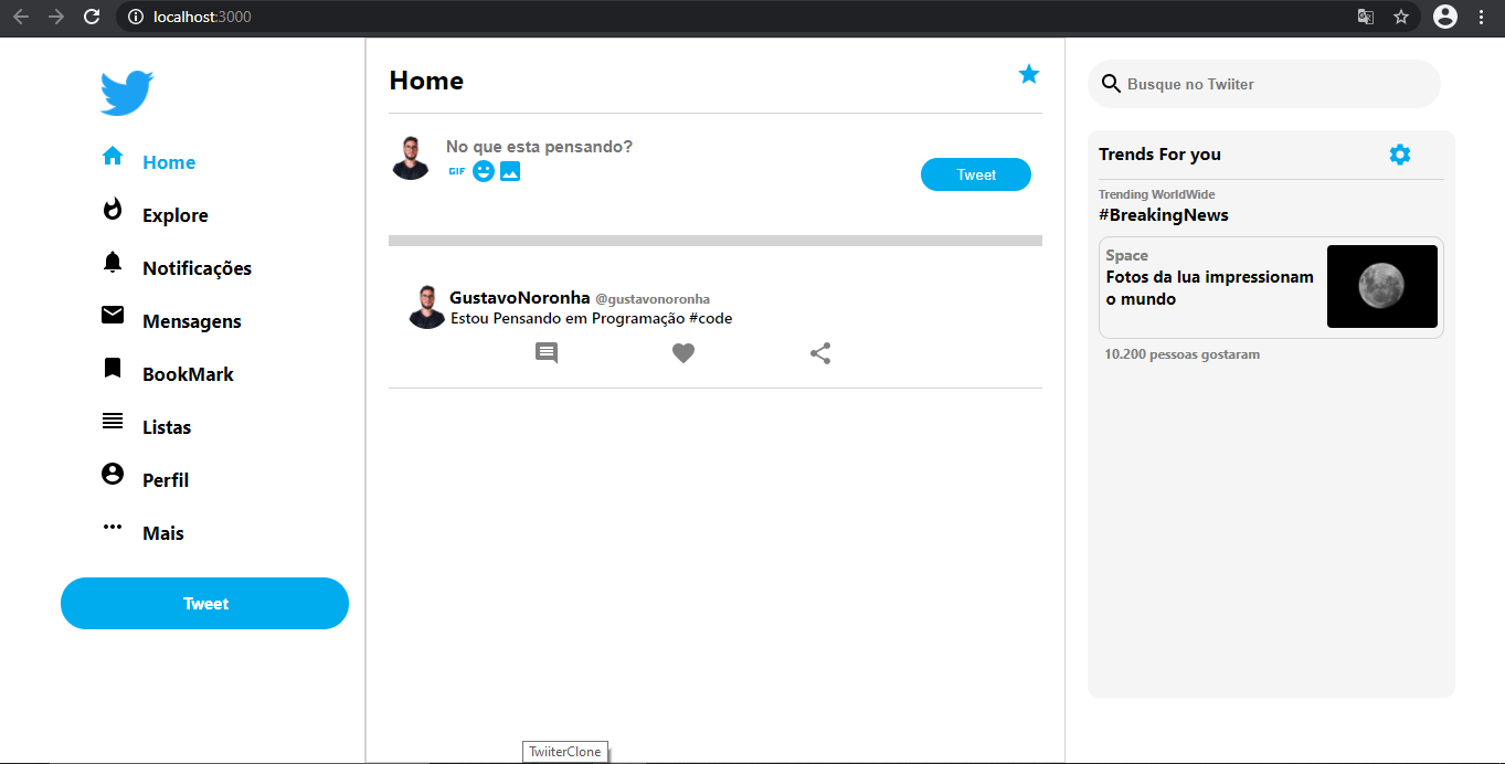 GitHub - GustavoNoronhaCursos/TwitterClone: Clone do Twitter Web para o curso do Gustavo Noronha